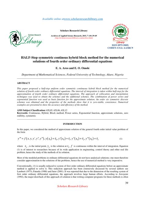 Pdf Half Step Symmetric Continous Hybrid Block Method For The