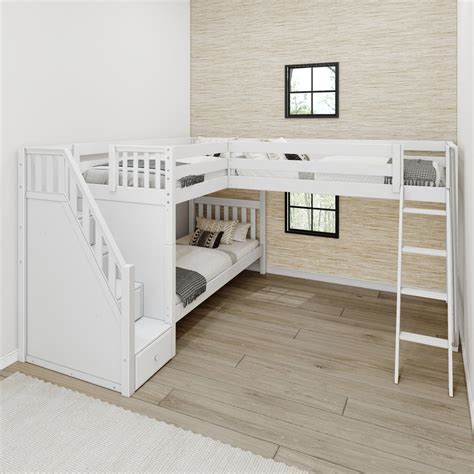 White L Shaped Bunk Bed With Stairs And Storage In Modern Bedroom Setting