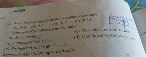 2 write the following decimals in the place value table a 19 4 b 0