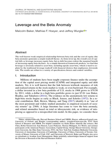 Leverage And The Beta Anomaly Pdf Beta Finance Capital Asset Pricing Model