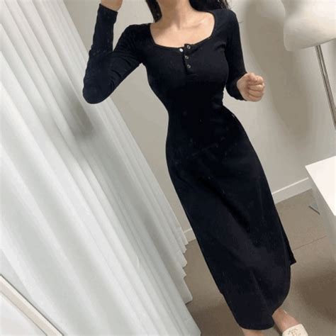 스퀘어넥 골지 단추 긴팔 A라인 휘뚜루마뚜루 꾸안꾸 슬림핏 간절기 마실룩 키큰녀 롱원피스 에이블리