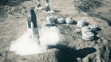 로켓은 달 우주 식민지 근처 달에 착륙 우주 로켓은 화재 배기와 연기를 분출한다 이미지는 소설 미래 또는 우주 여행 배경을위한 것입니다 3d 렌더링 초현대적에 대한 스톡