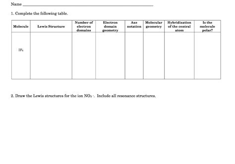 Solved Name 1 Complete The Following Table Numher Of Electron Domains Electron Domain Geometry