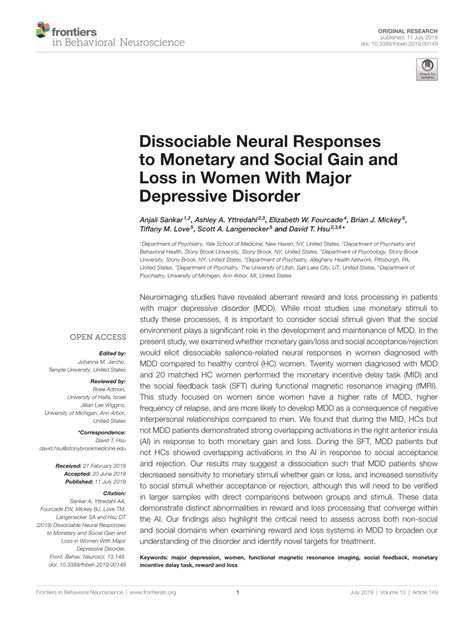 Pdf Dissociable Neural Responses To Monetary And Social Gain And Loss