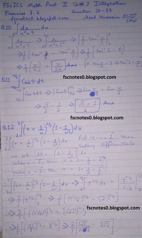 FSc ICS Notes Math Part Chapter Integration Exercise Question