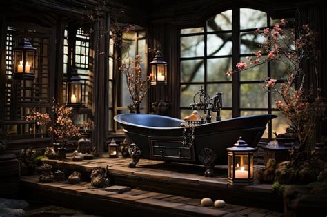 Premium Photo Eastern Bathroom Dark Wood Flashlights And Asian