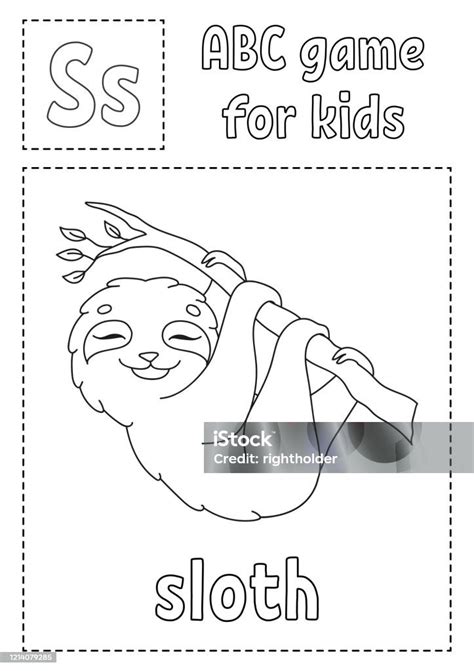 문자 S는 나무늘보입니다 아이들을위한 Abc 게임 알파벳 색칠하기 페이지 만화 캐릭터 단어와 편지 벡터 그림입니다 검은색에 대한