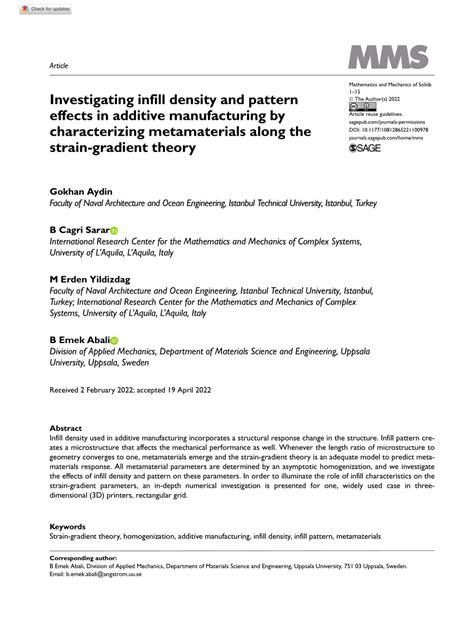 Pdf Investigating Infill Density And Pattern Effects In Additive Manufacturing By