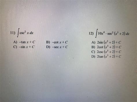 Solved Integral Csc 2 X Dx A Tan X C B Cot X C C