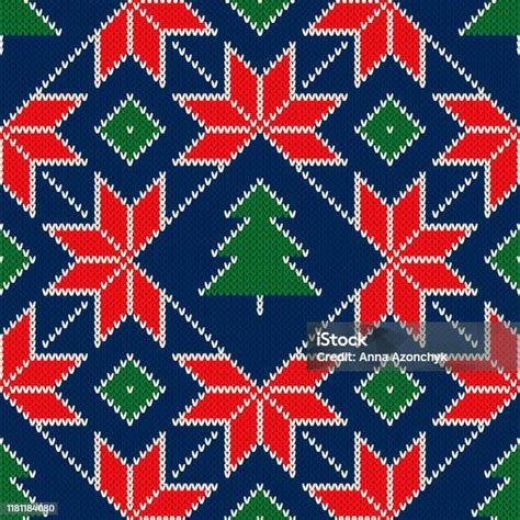 겨울 휴가 니트 스웨터 패턴 디자인입니다 크리스마스 트리와 크리스마스 별 장식 벡터 이음새없는 울 니트 텍스처 모방 크리스마스 트리 탑 장식에 대한 스톡 벡터 아트 및 기타