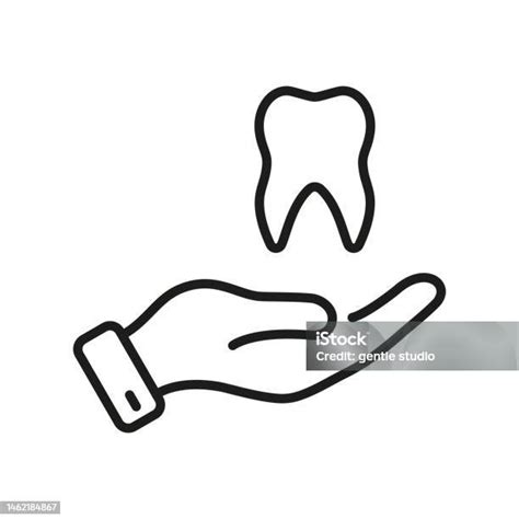 치과 치료 라인 아이콘입니다 치아와 인간의 손 치과 의사 지원 개념 구강 보호 선형 픽토그램 치과 개요 기호입니다 치과 치료 편집 가능한 획 고립된 벡터 그림 건강 진단에