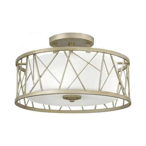 Semi Flush Ceiling Light With Silver Leaf Drum Shade And Glass Inner