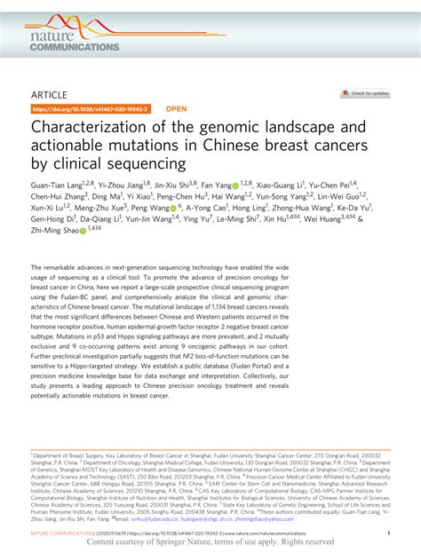 Pdf Characterization Of The Genomic Landscape And Actionable Mutations In Chinese Breast