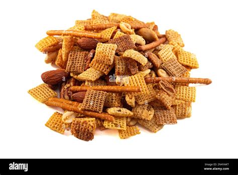 Serving Of Homemade Cereal Nut And Prezel Trail Mix Isolated On A White