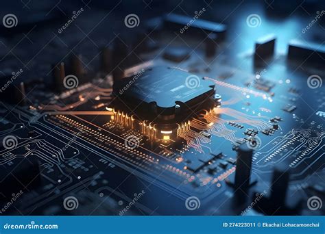 Generative Ai 3d Render Of Neon Microchip Circuit Board With Floating Cloud Stock Image