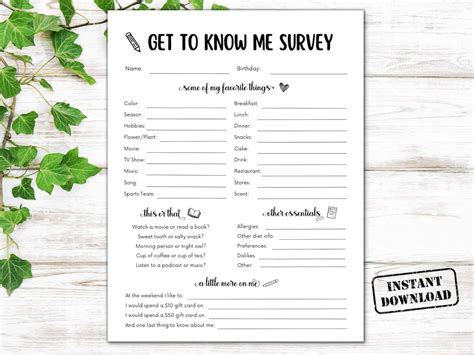 Employee Favorite Things Survey Get To Know Me Questions All About Me