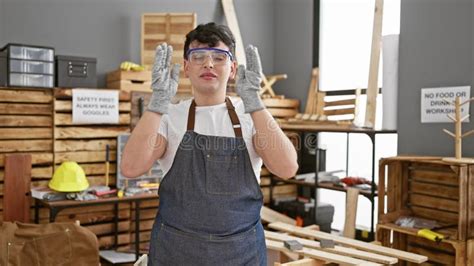 A Man Wearing Safety Goggles Is Looking Through A Microscope Concept