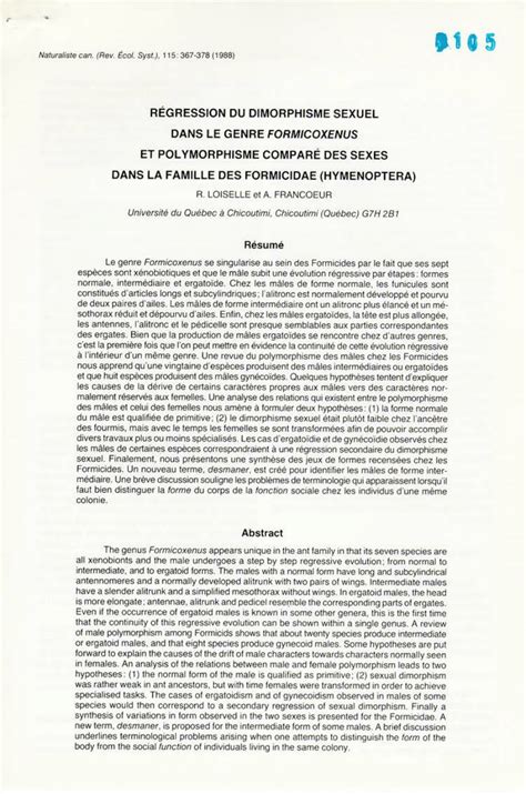 Pdf Regression Of Sexual Dimorphism In The Genus Formicoxenus And
