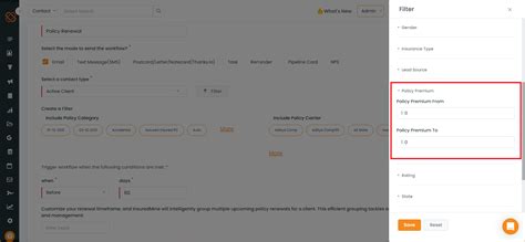 Renewal Workflow Automation Changes Policy Premium Filter InsuredMine CRM Optimize And