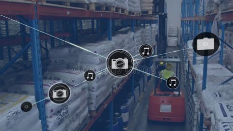 Animation Of Network Of Icons Over Rear View Of A Male Worker Operating A Forklift At Warehouse