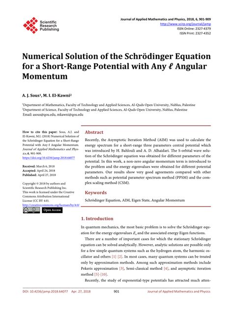 Pdf Numerical Solution Of The Schrödinger Equation For A Short Range