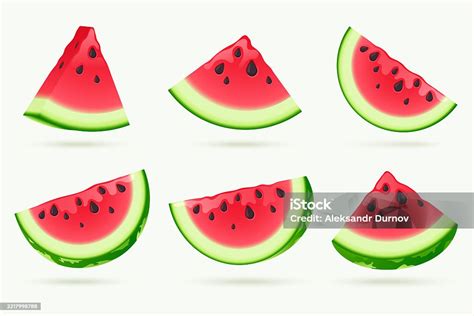3d 스타일의 다채로운 수박 조각 세트 녹색 껍질과 씨앗이 있는 신선하고 육즙이 많은 빨간 과일 조각 흰색 배경에 격리되어 있습니다 여름 음식 또는 건강 테마에 이상적입니다
