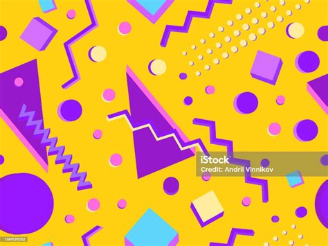 80 년대 스타일의 3d 기하학적 모양의 매끄러운 패턴 다채로운 기하학적 모양의 배경 홍보 제품 포장지 및 인쇄의 디자인 벡터