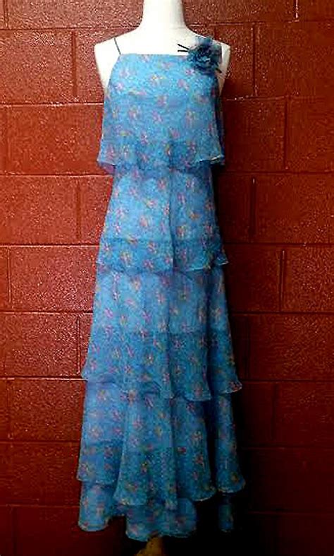 1970s Vintage Maxi Dress Blue Floral Print Chiffon Gem