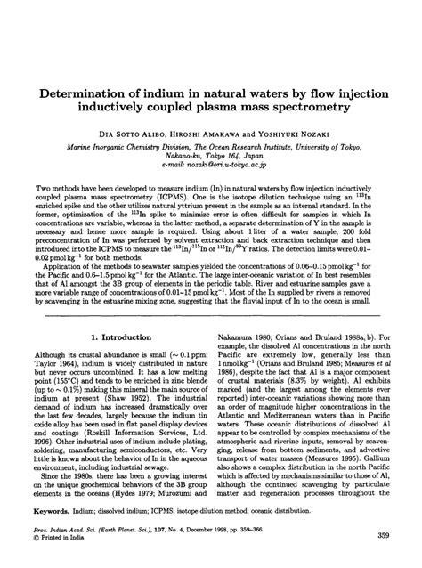 Pdf Determination Of Indium In Natural Waters By Flow Injection Inductively Coupled Plasma