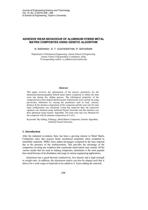 Pdf Adhesive Wear Behaviour Of Aluminium Hybrid Metal Matrix Composites Using Genetic Algorithm