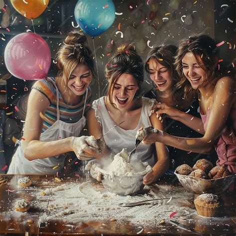 Kitchen Fun Friends Baking Together Premium Ai Generated Image