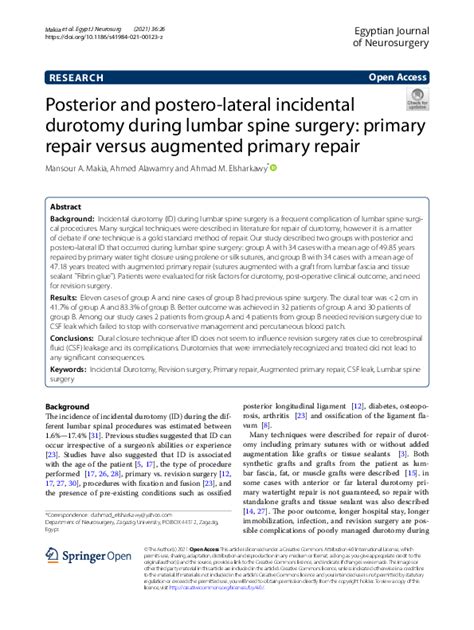 Pdf Posterior And Postero Lateral Incidental Durotomy During Lumbar
