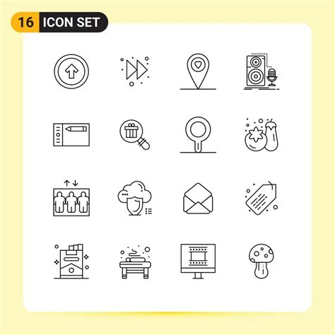 Modern Set Of 16 Outlines Pictograph Of Graphic Design Location Sound Microphone Editable Vector
