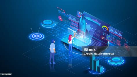 혁신 팀워크 스타트업 기술 신흥 회사 팀 발사 로켓 남자와 여자 직원 관리자 노트북이나 컴퓨터에서 일하는 동료 작업을 수행 벡터