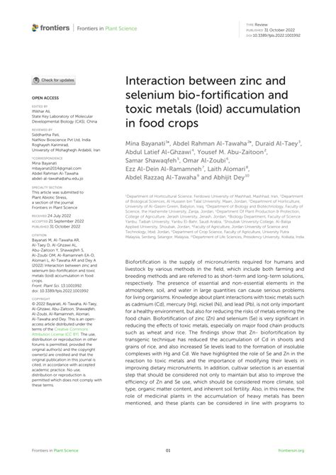 Pdf Interaction Between Zinc And Selenium Bio Fortification And Toxic