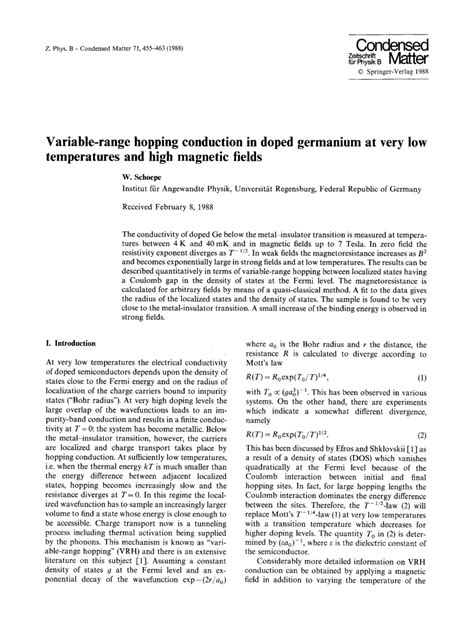 Pdf Variable Range Hopping Conduction In Doped Germanium At Very Low