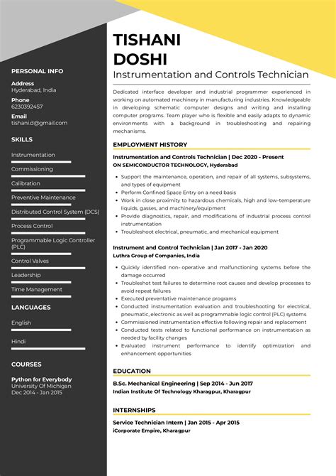 Sample Resume Of Instrumentation And Controls Technician With Template
