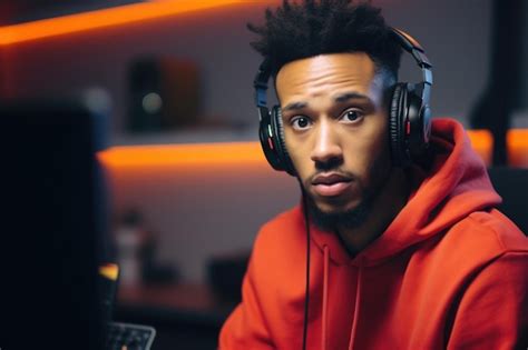 Premium Photo Man Sitting In Front Of Computer Wearing Headphones