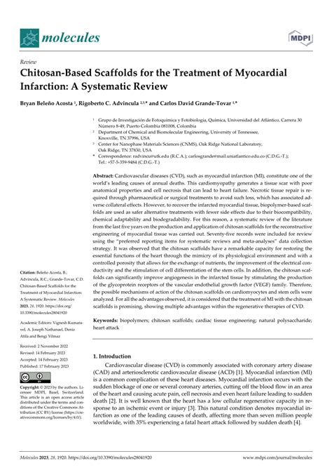 Pdf Chitosan Based Scaffolds For The Treatment Of Myocardial Infarction A Systematic Review