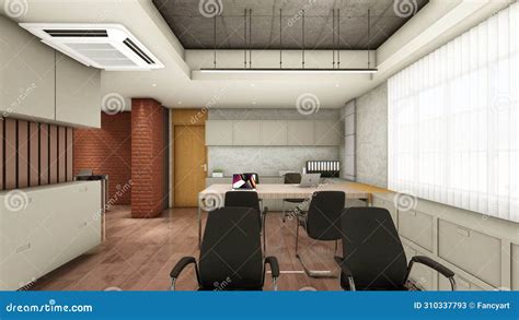 Interior Design Of Office Space With False Ceiling And Wood Panels 3d Visualization Stock