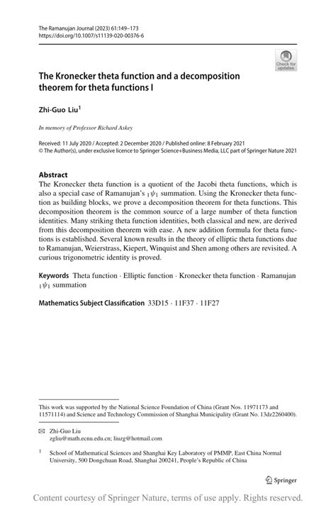 The Kronecker Theta Function And A Decomposition Theorem For Theta Functions I Request Pdf