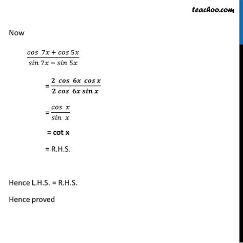 Example Prove Cos X Cos X Sin X Sin X Cot X