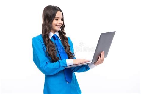 Young Student School Girl Studying With Laptop Computer E Learning