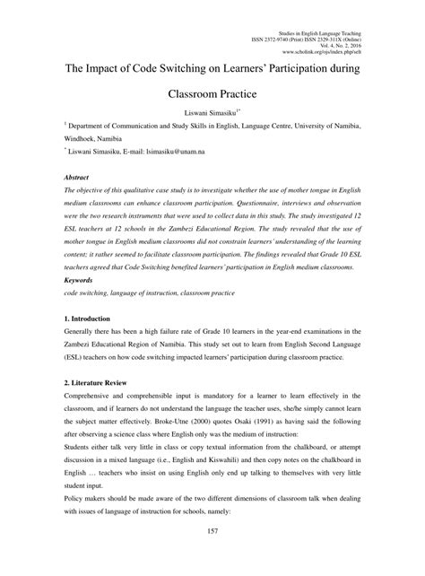 Pdf The Impact Of Code Switching On Learners Participation During