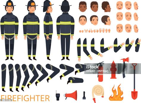 소방 관 캐릭터입니다 소방 관 신체 부위 및 전문 도구와 특별 한 유니폼 전투 소화기 삽 도끼 벡터 소방관에 대한 스톡 벡터 아트 및 기타 이미지 Istock