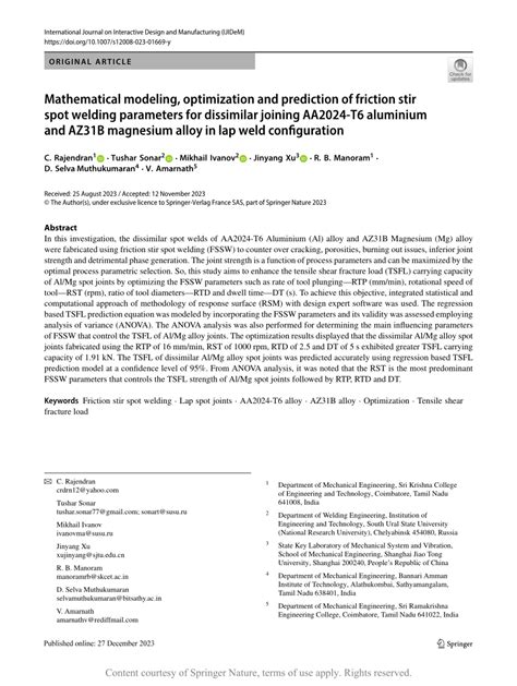 Mathematical Modeling Optimization And Prediction Of Friction Stir