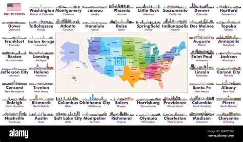 All States Capital Cities Skylines Of The United States Map Of The