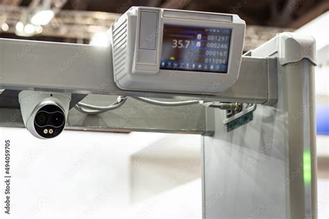 Metal Detector Frame With Body Temperature Sensor Fragment Of Arched Metal Detector Close Up