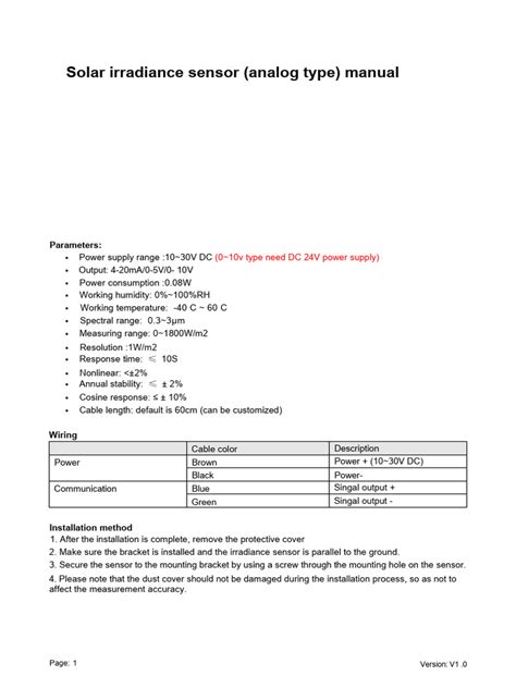 Solar Irradiance Sensor Manual Analog Type Pdf