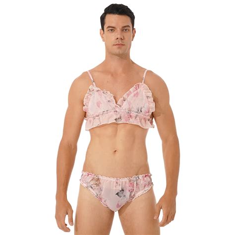 Men Fashion Flower Printing Ruffled Sexy Lingerie Set Sissy Male